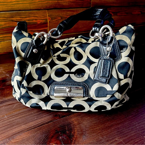Bags | Authentic Coach Signature Handbag Black And Gray With Coral ...